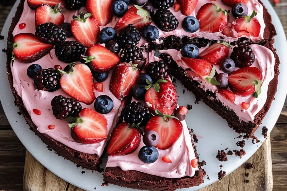 Berry Brownie Pizza with Strawberry Buttercream Frosting - foodiecharm.com