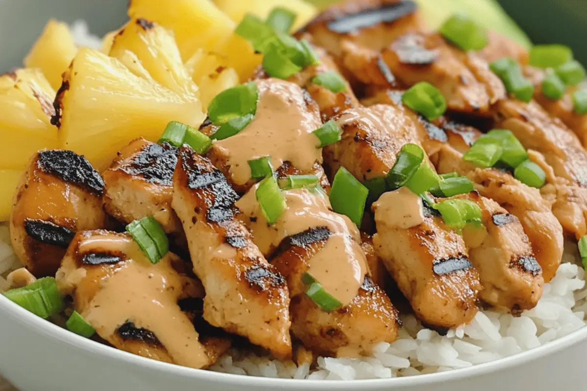 Grilled Pineapple Chicken Adobo Bowls - foodiecharm.com