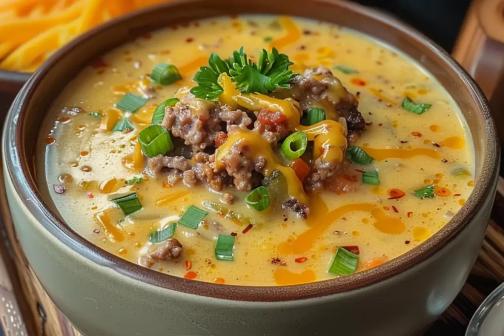 Creamy Slow Cooker Cheesy Burger Flavored Soup Recipe - foodiecharm.com