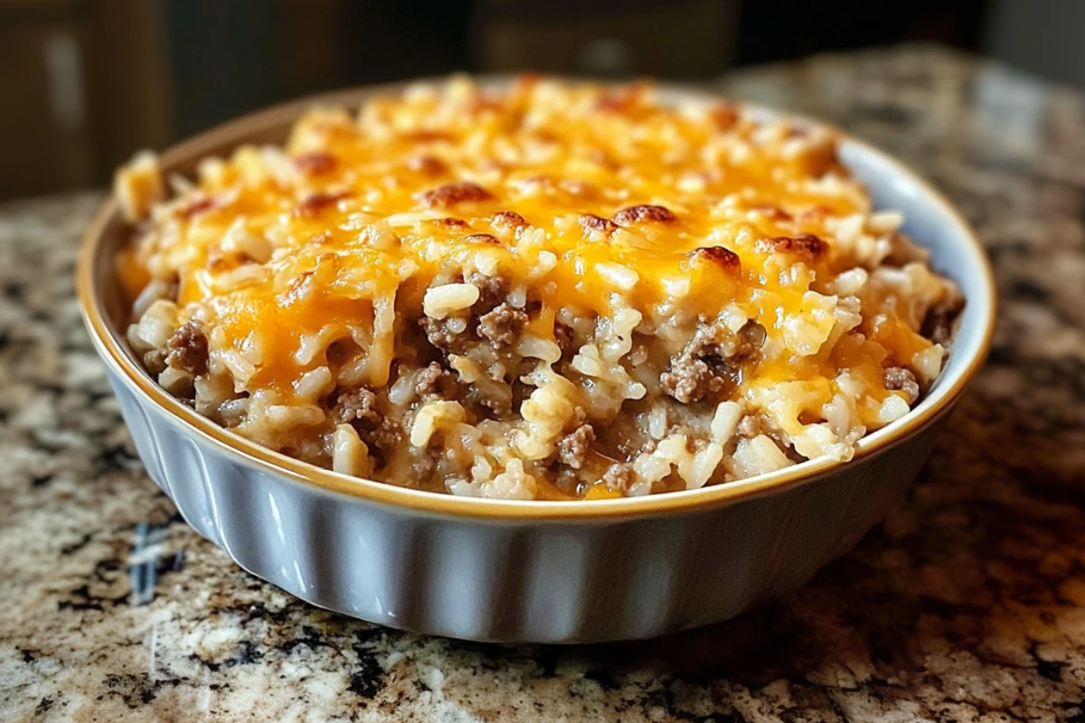 Easy Cheesy Ground Beef Rice Casserole Recipe - foodiecharm.com
