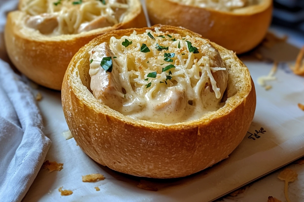 Chicken Alfredo Garlic Bread Bowls You Need Tonight - foodiecharm.com