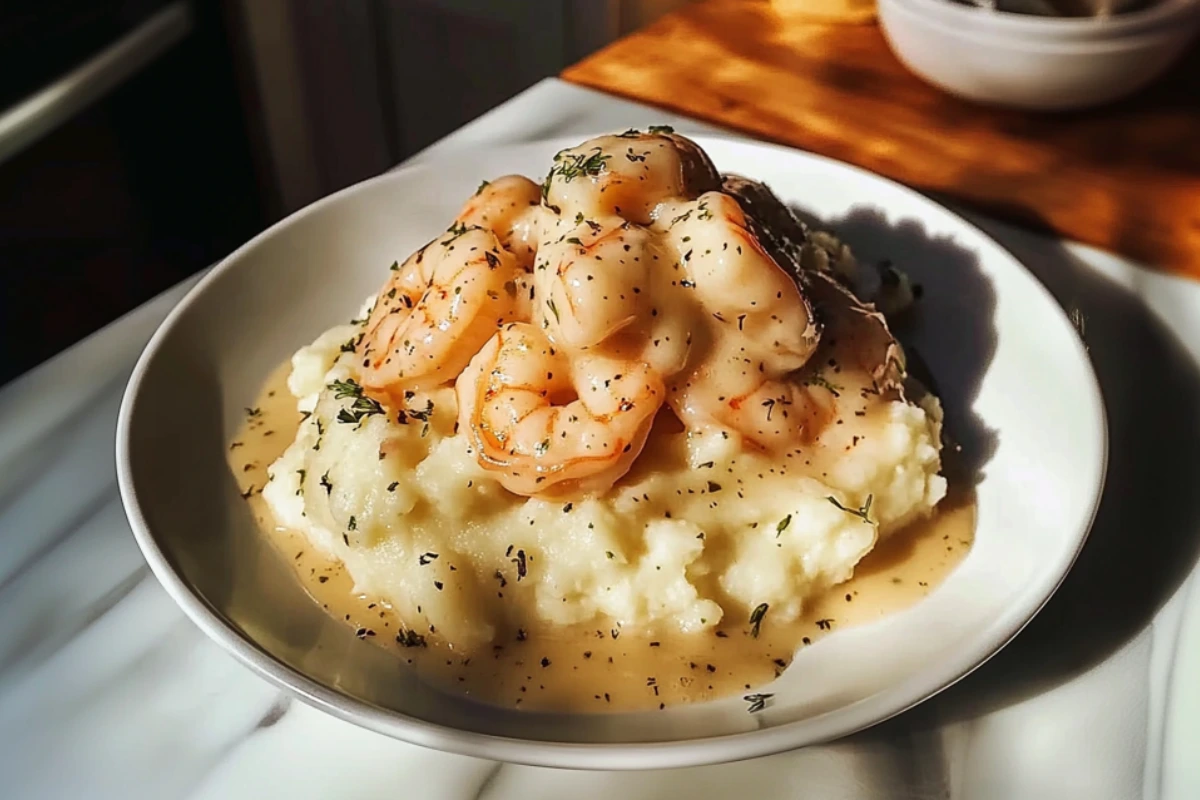 Savory Creamy Garlic Shrimp Over Mashed Potatoes Recipe - foodiecharm.com