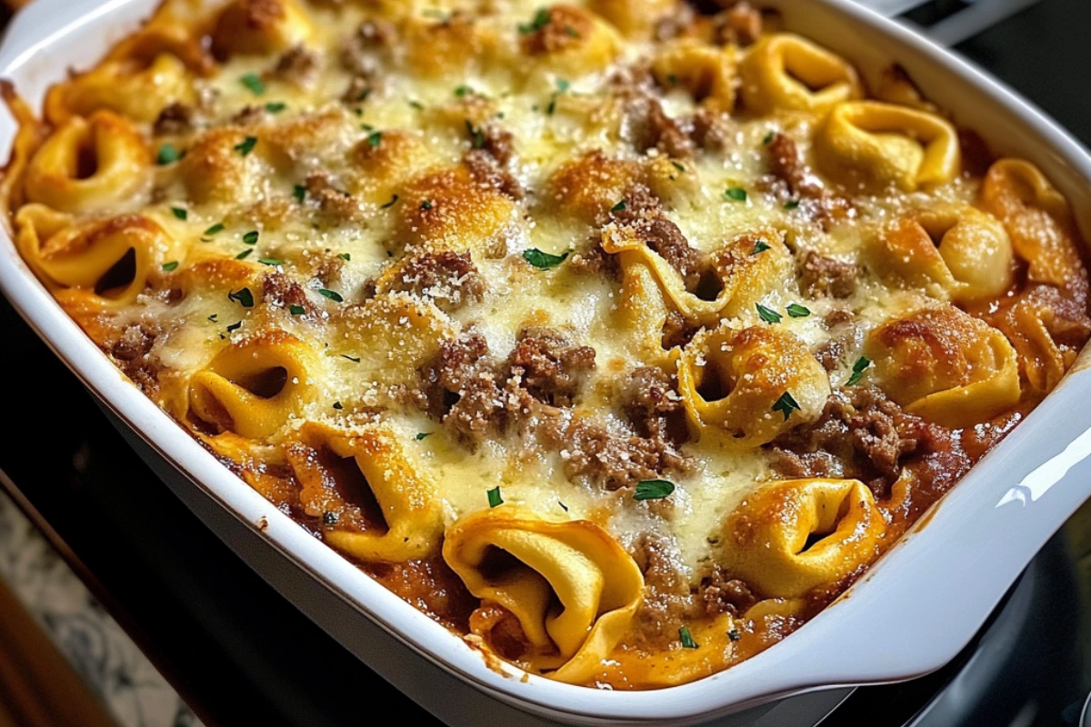 Garlic Parmesan Beef Tortellini Bake Everyone Loves - foodiecharm.com