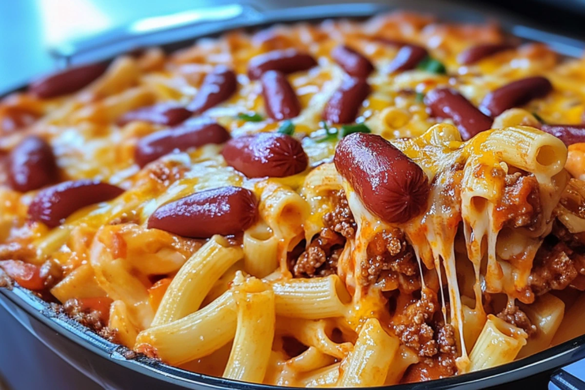 Easy Loaded Chili Cheese Dog Pasta Bake Dinner - foodiecharm.com