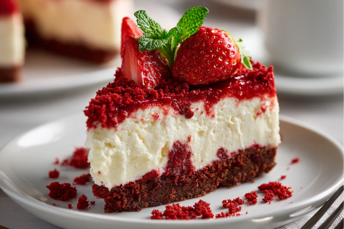 This Strawberry Red Velvet Crunch Cheesecake Wows - foodiecharm.com