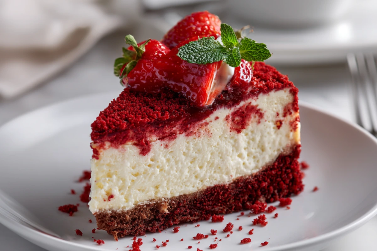 This Strawberry Red Velvet Crunch Cheesecake Wows - foodiecharm.com